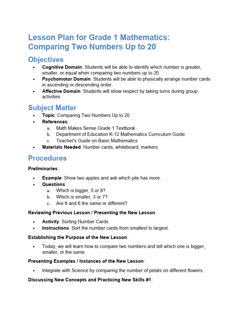 Comparing Two Numbers Up To 20 | PDF | Mathematics | Multiple Choice