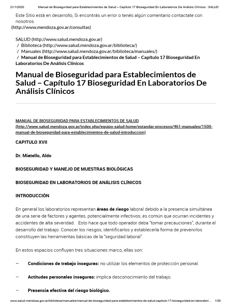 Manual de Bioseguridad para Establecimientos de Salud - Capítulo 17 Bioseguridad en Laboratorios ...