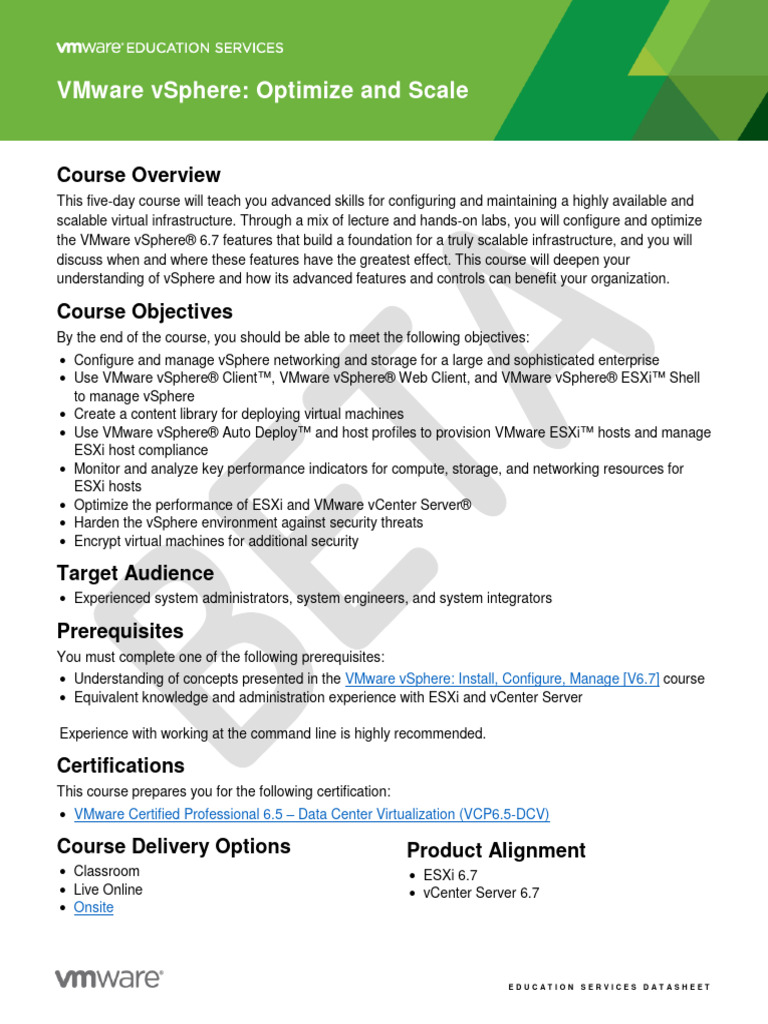 EDU - DATASHEET - Vsphere Optimize and Scale V6.7 BETA1 | PDF | Software | Computer Architecture