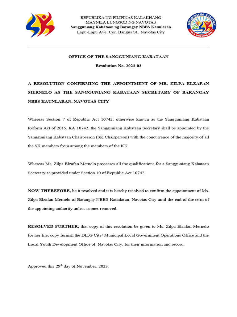 SK Resolution 2023 03 04 | PDF | Local Government | Youth Organizations