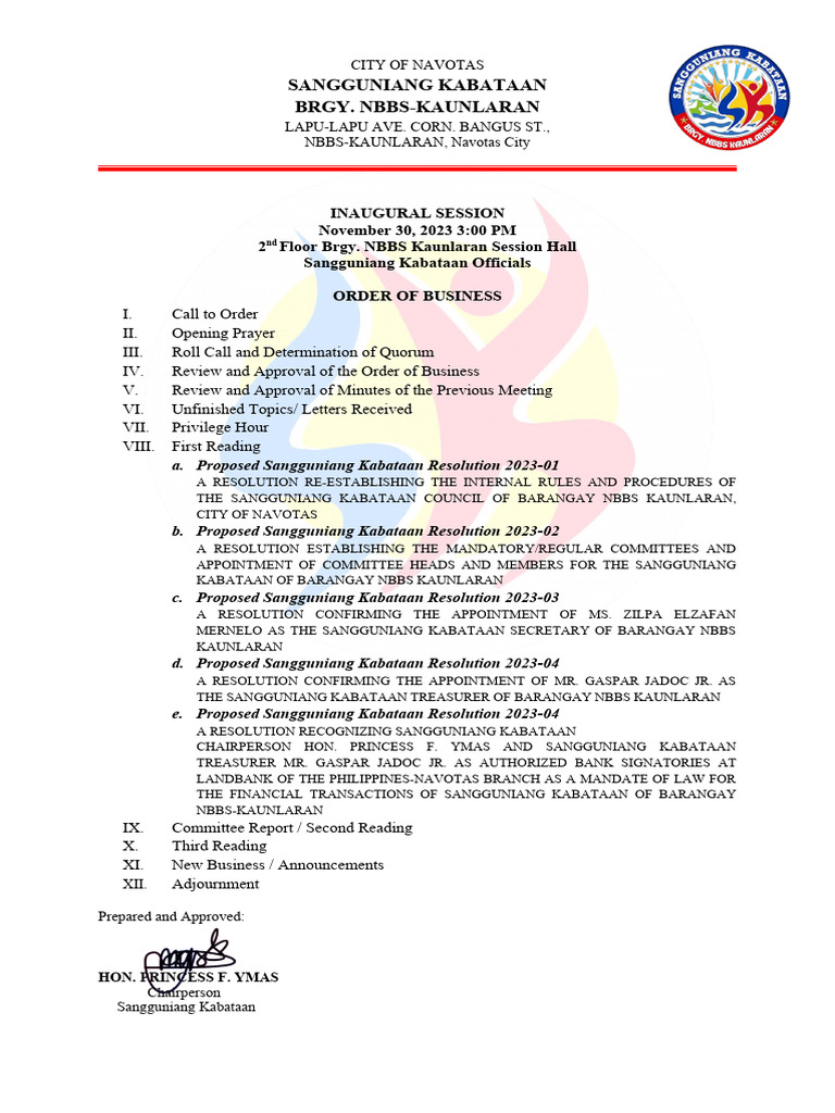 Navotas SK Inaugural Session Agenda | PDF | Government
