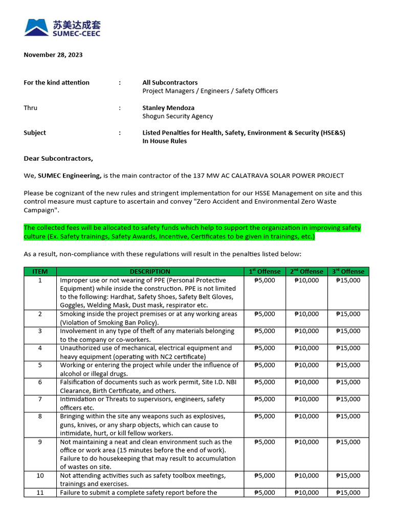 Penalties For HSE Violation Calatrava | PDF | Personal Protective Equipment | Safety