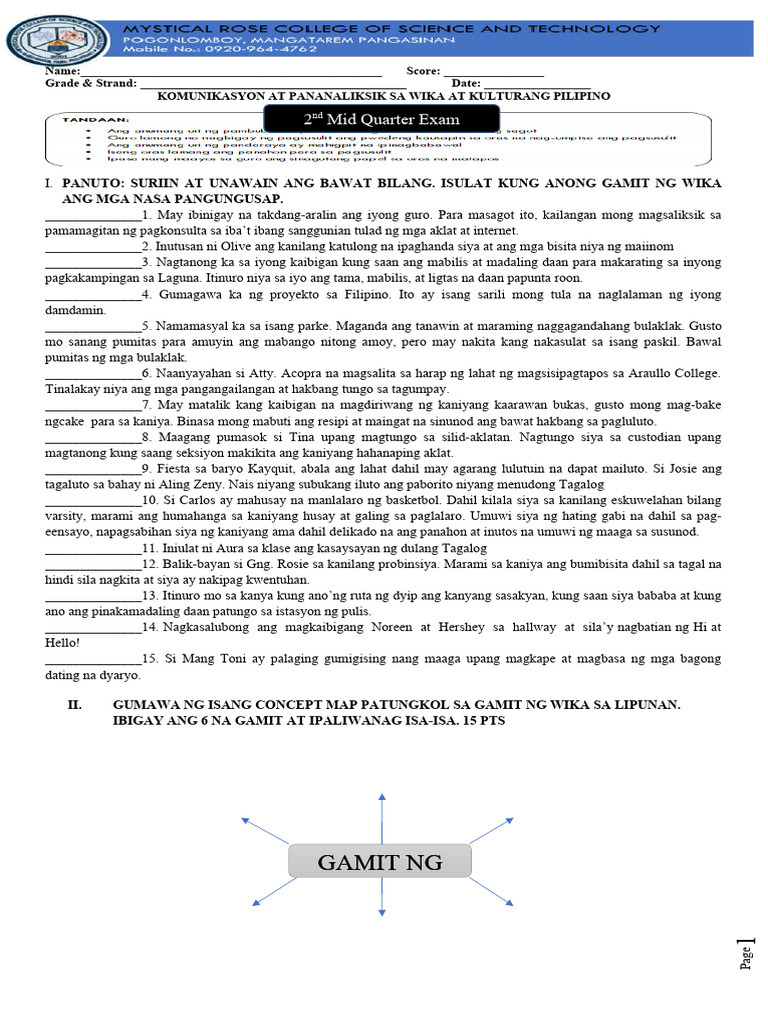 2ND Mid Quarter Exam Grade 11 (24 Copies) | PDF