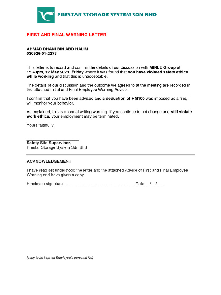 First and Final Warning Letter | PDF | Finance & Money Management