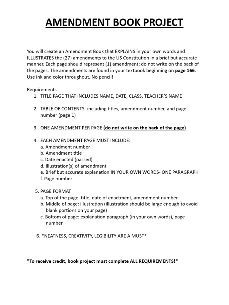 Amendment Book Project: To Receive Credit, Book Project Must Complete ...
