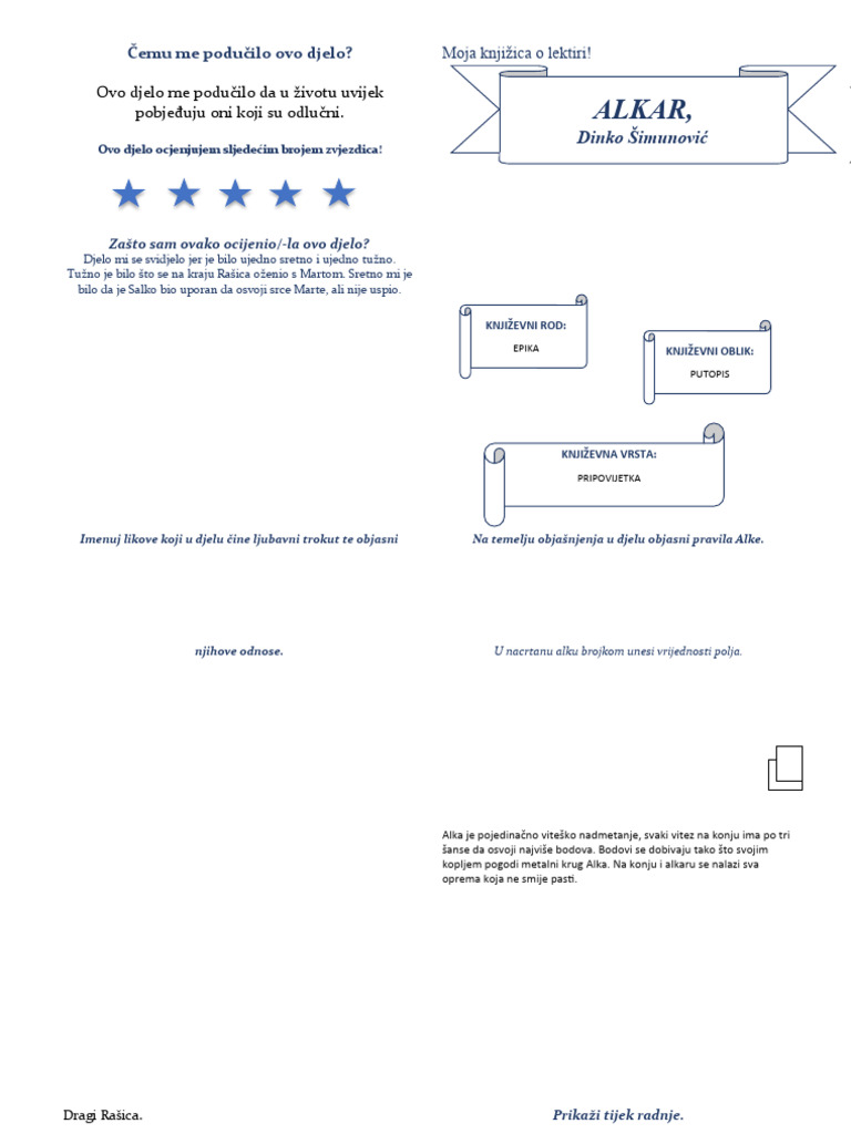 Matej Katalenac - Alkar, Lektirni Listić | PDF