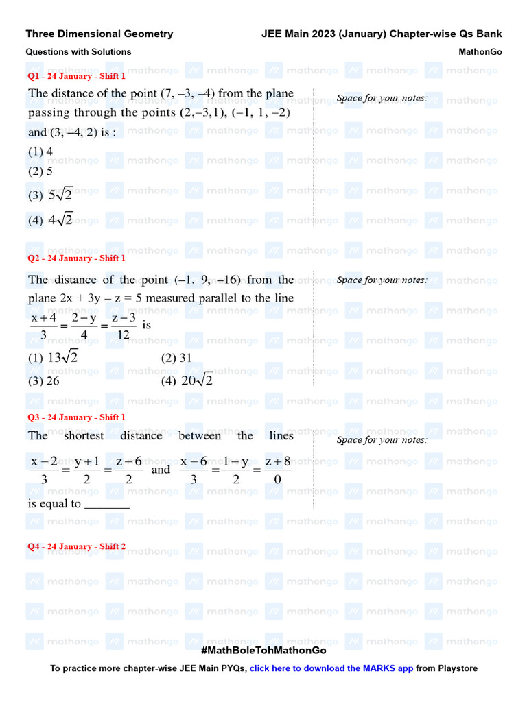 JEE Main 3D Geometry Solutions | PDF | Mathematics | Geometry
