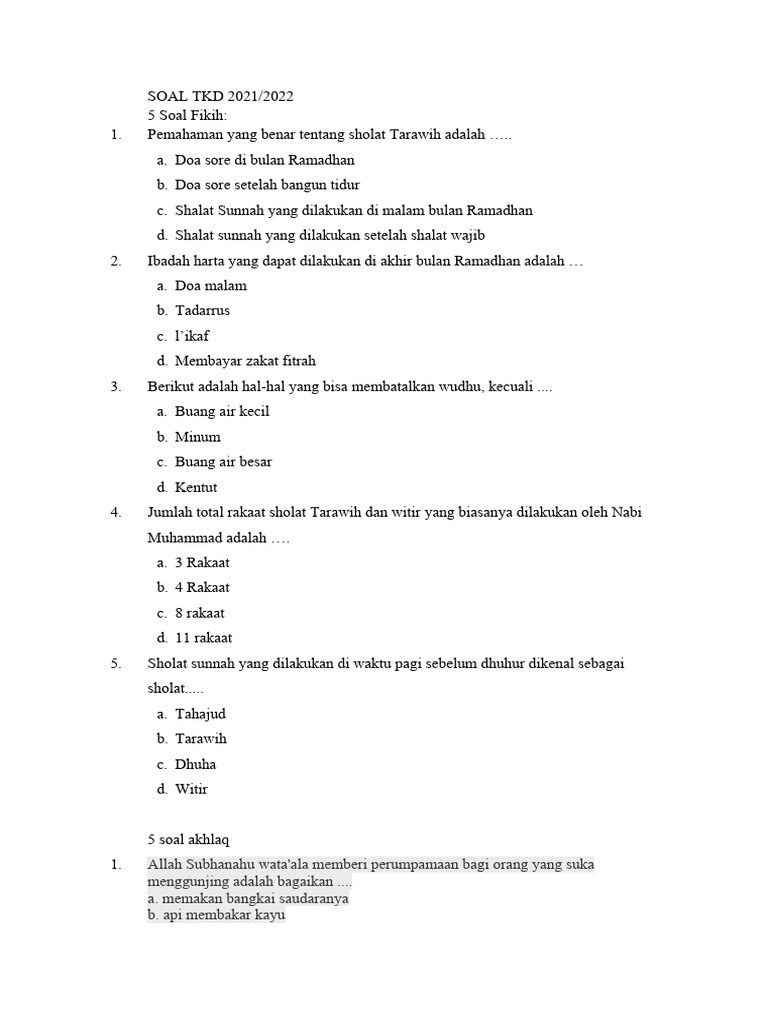 15 Soal PAI Tim TKD 2021 | PDF