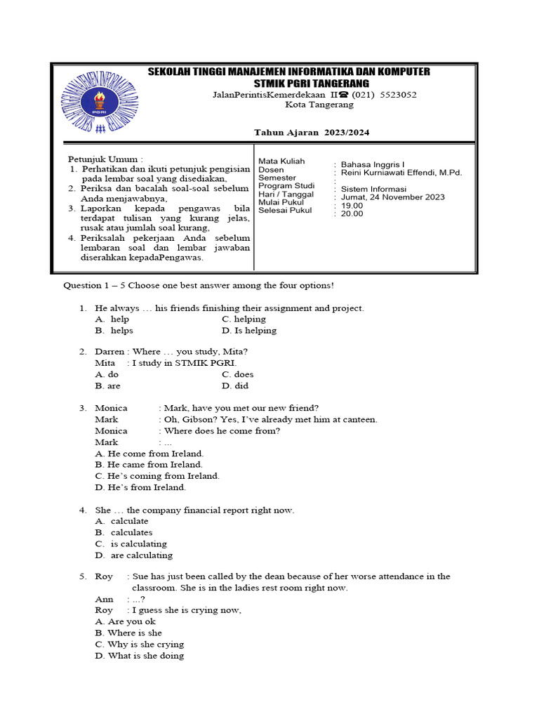 FORMAT SOAL Uas PGRI Apsi 2023 | PDF | Syntax | Human Communication