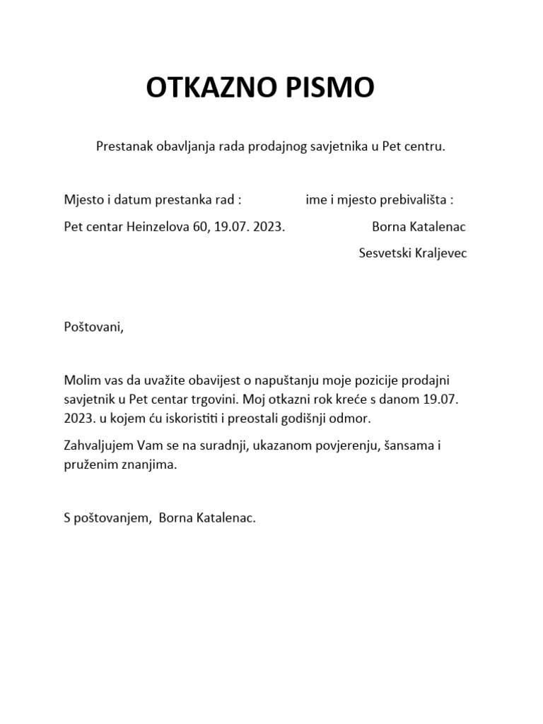 Otkazno Pismo | PDF