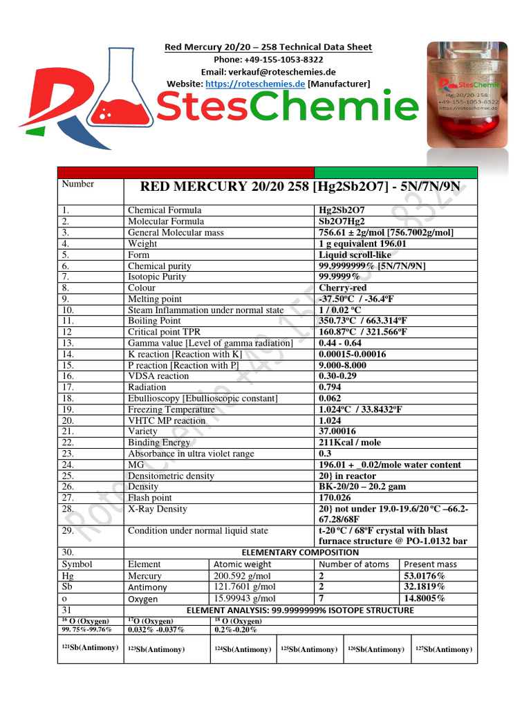 Red Mercury 20/20 Technical Data Sheet | PDF | Mole (Unit) | Chemical ...