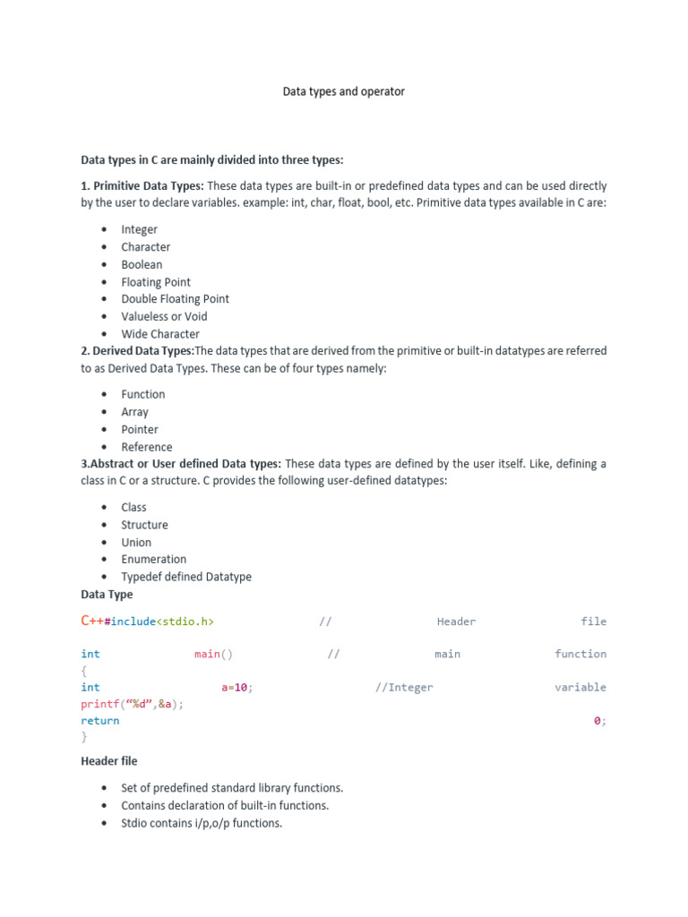 Data Types And Operator Pdf Data Type Pointer Computer Programming