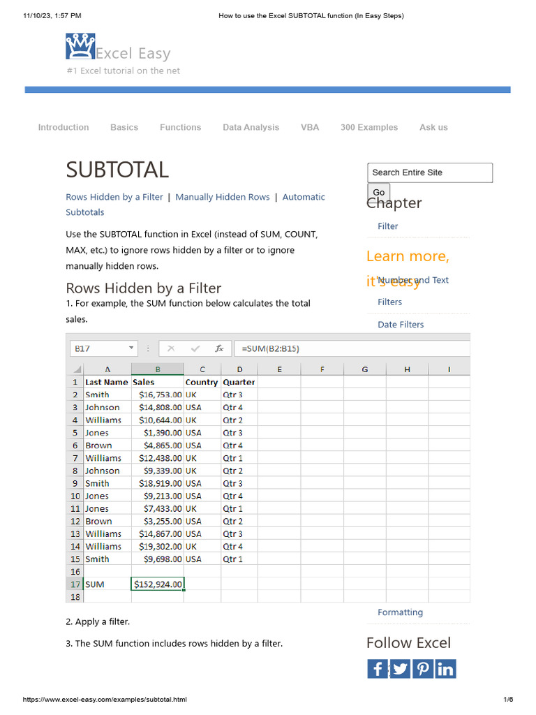 How To Use The Excel SUBTOTAL Function (In Easy Steps) | PDF ...