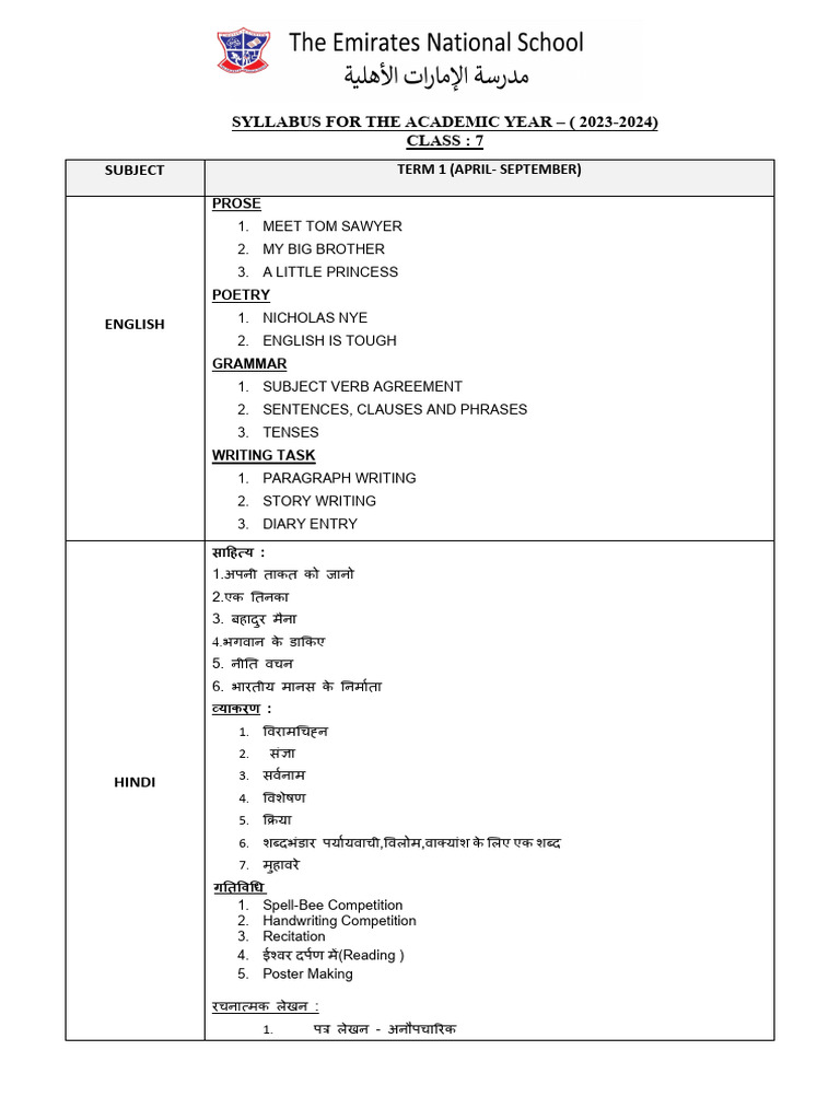 Grade 7-First Term Portions-2023-24 | PDF | Language Mechanics | Syntax Grade 7-First Term Portions-2023-24 | PDF | Language Mechanics | Syntax