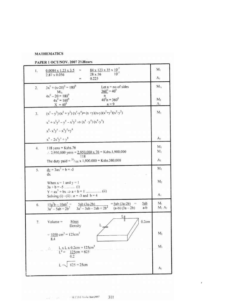 2007 Kcse Mathematics Paper 1 Answers 1 | PDF