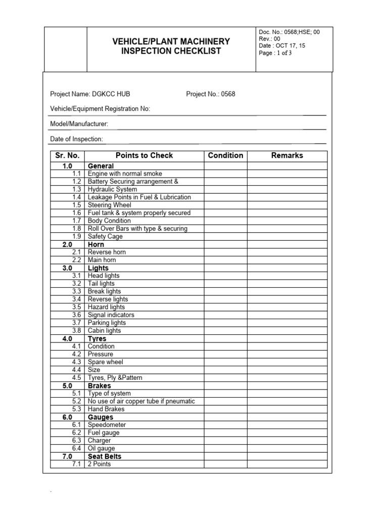 AUH HSE FRM-23 Vehicle Plant Machinery Inspection Checklist | PDF ...