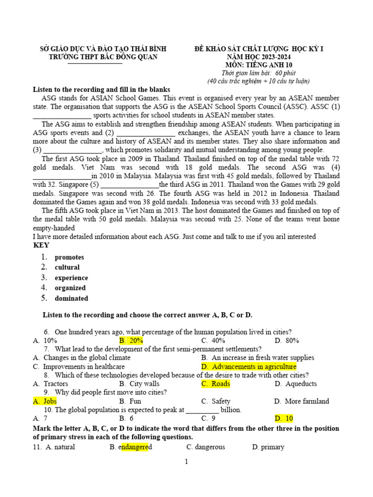 CK1 - Anh 11 - Đề Đáp Án | PDF | Social Science | Travel