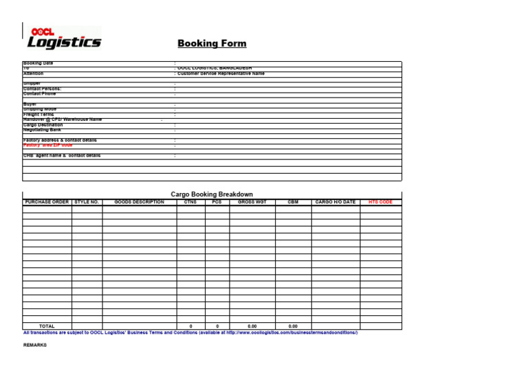 OOCL Cargo Booking Form Template | PDF