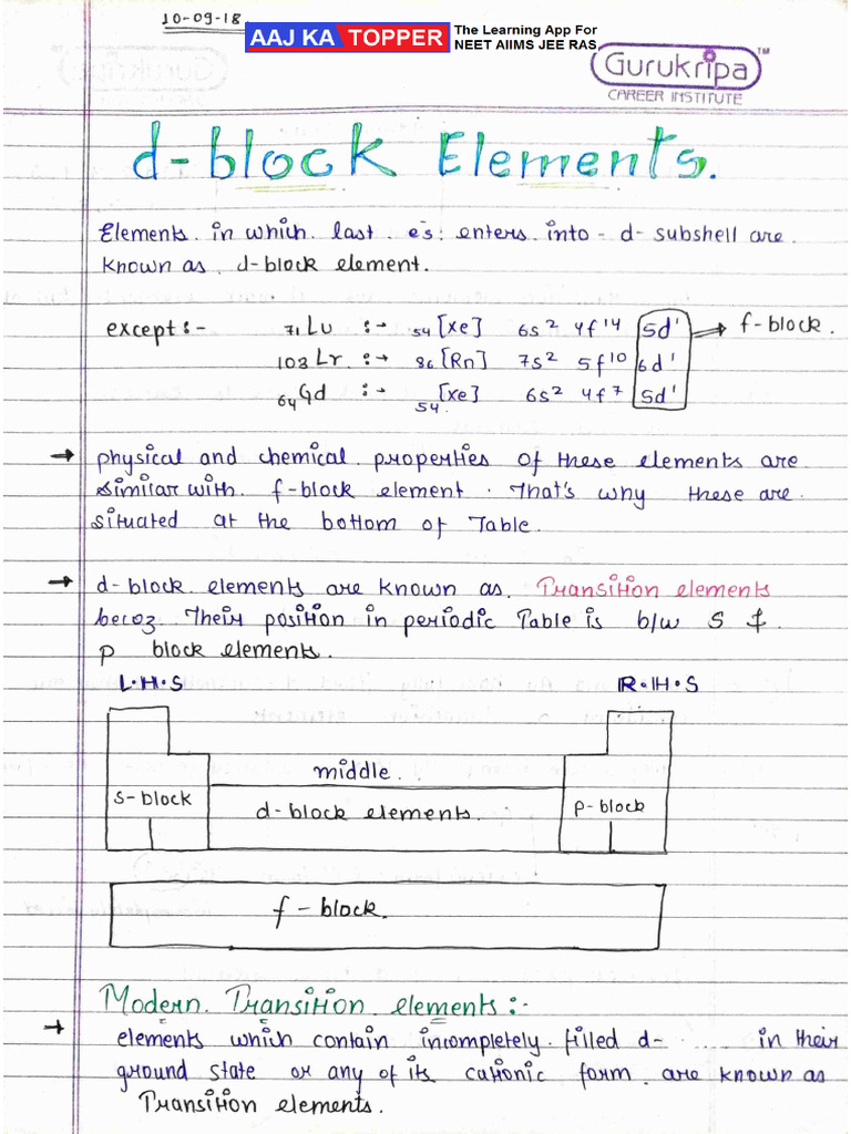D Block Elements Notes English Pdf