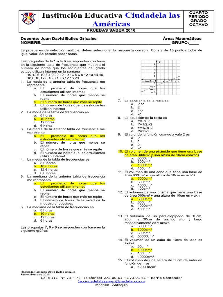 Pruebas Saber de Matemc3a1ticas Grado Octavo Cuarto Periodo de 20161 ...