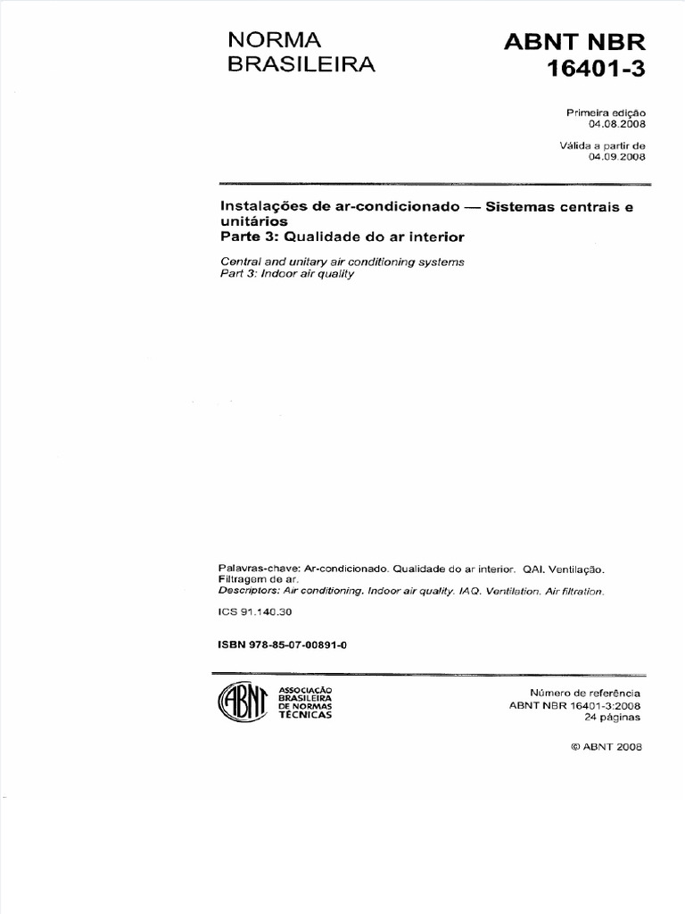 Abnt NBR 16401-3 - Instalação de Ar Condicionado - Qualidade Do Ar ...