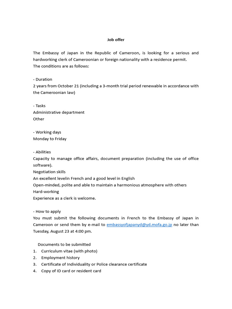 Embassy of Japan Clerk Job Offer | PDF | Career & Growth | Business