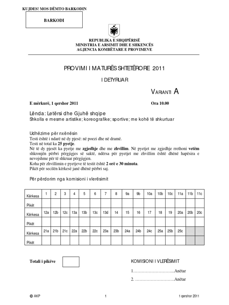 Letersi Dhe GJ Shqipe Artistike Varianti A | PDF