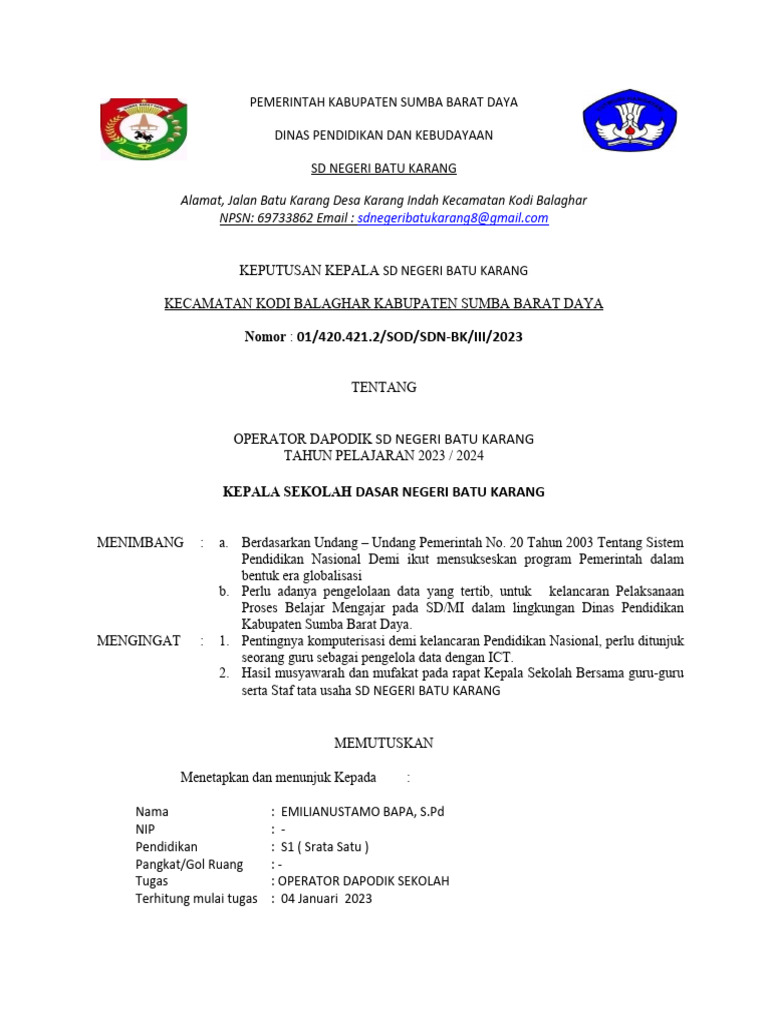 Penunjukan Operator Dapodik 2023/2024 | PDF