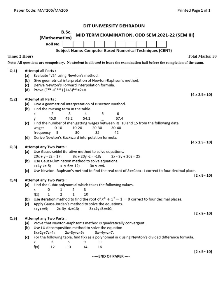 Mid Term Paper CBNST 1 | PDF | Algebra | Mathematics