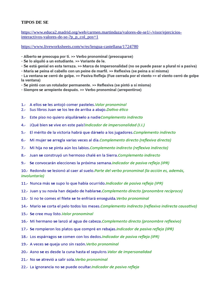 Tipos de Se y Perifrasis Con Solucion | PDF | Objeto (gramática) | Pronombre