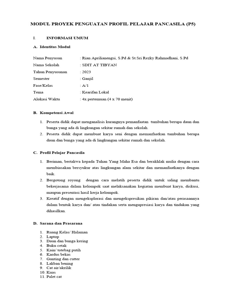 Modul P5 Kelas 1 Ganjil Pdf