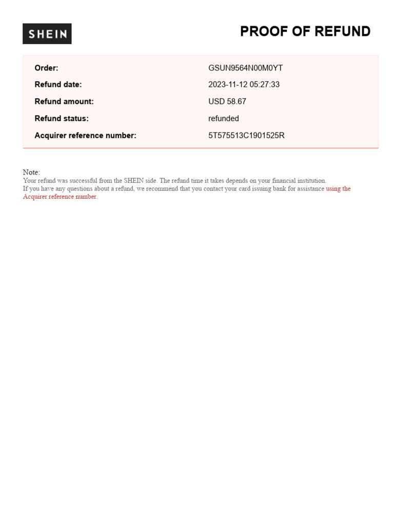 Refund of SHEIN Full Back | PDF