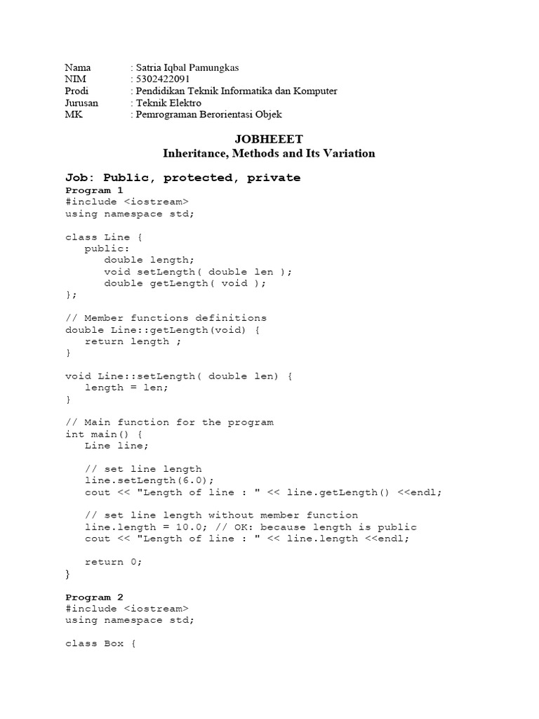 Jobsheet Inhiretance - 5302422091 - Satria Iqbal Pamungkas | PDF | Object Oriented Programming ...