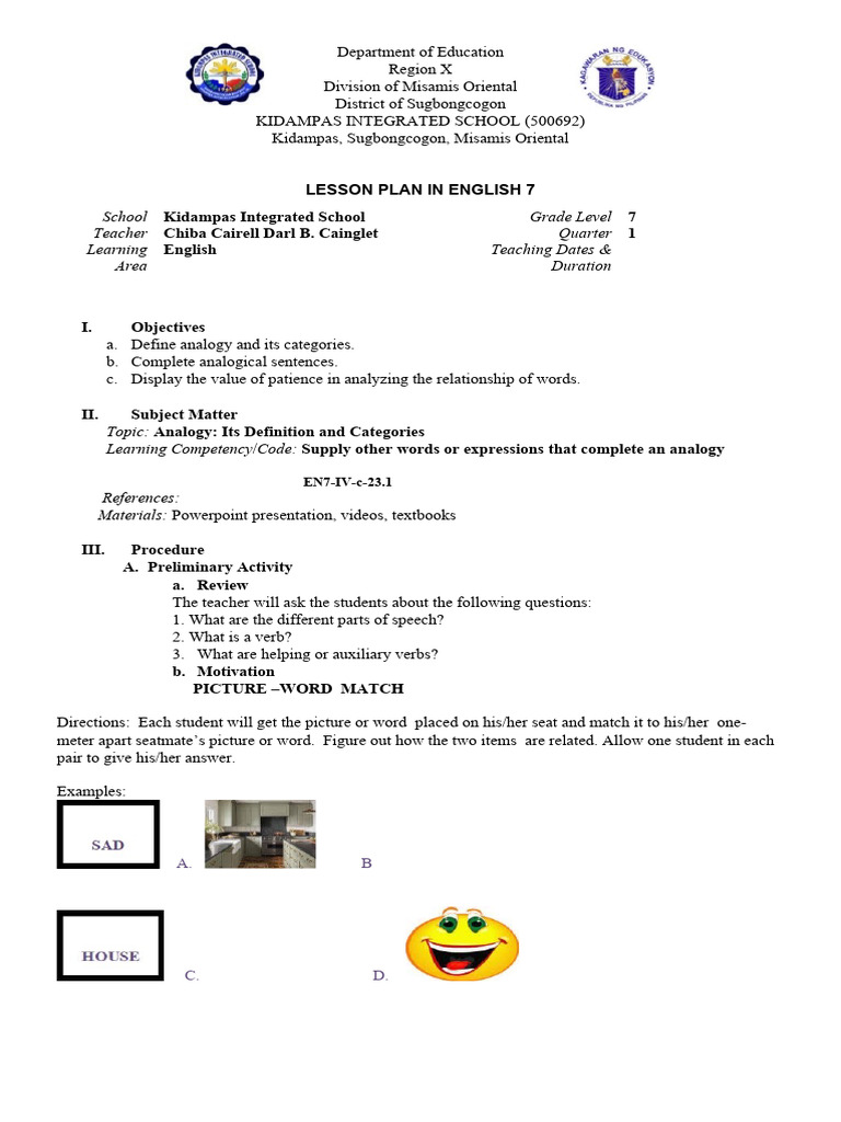 G7 Lesson Plan | PDF | Analogy | Question