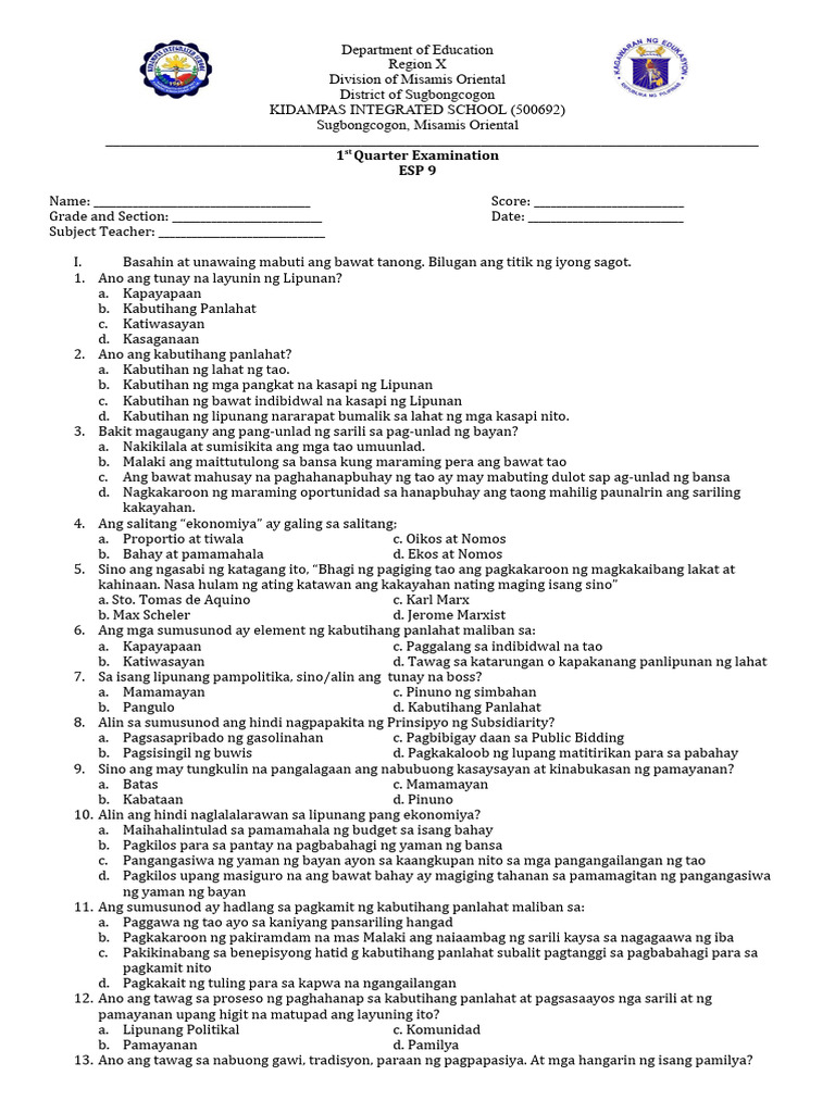 1st Quarter Examination - ESP 9 | PDF