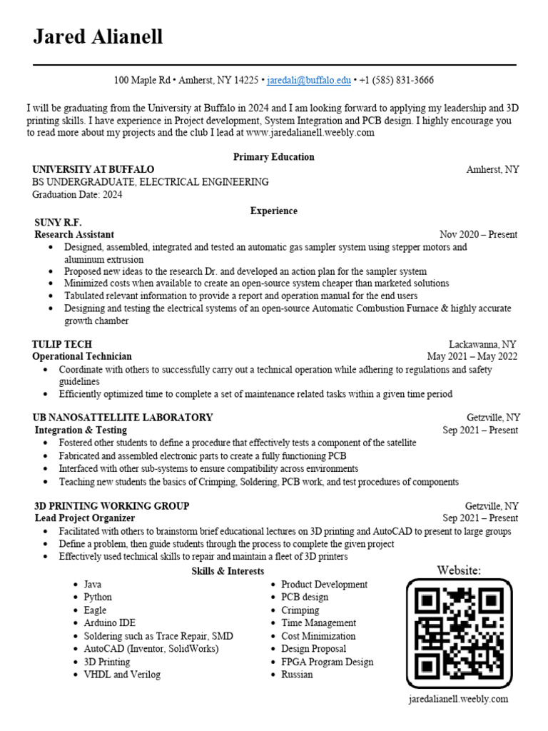 Jared Alianell Resume Pdf Printed Circuit Board 3 D Printing