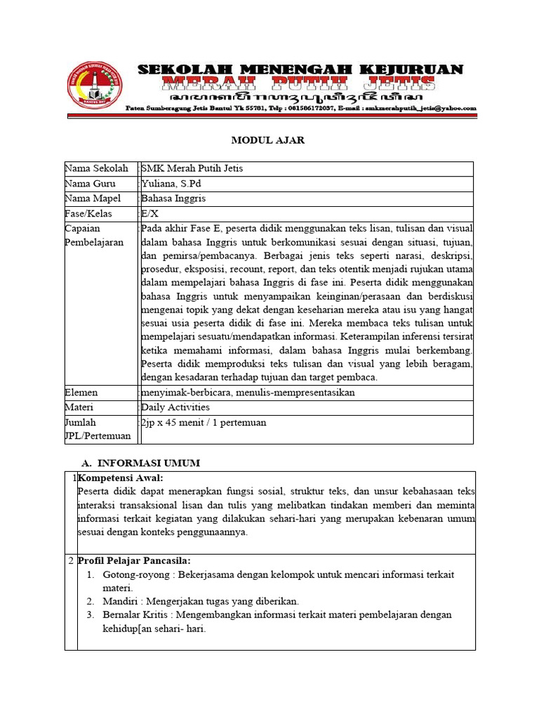 MODUL AJAR Daily Activities | PDF