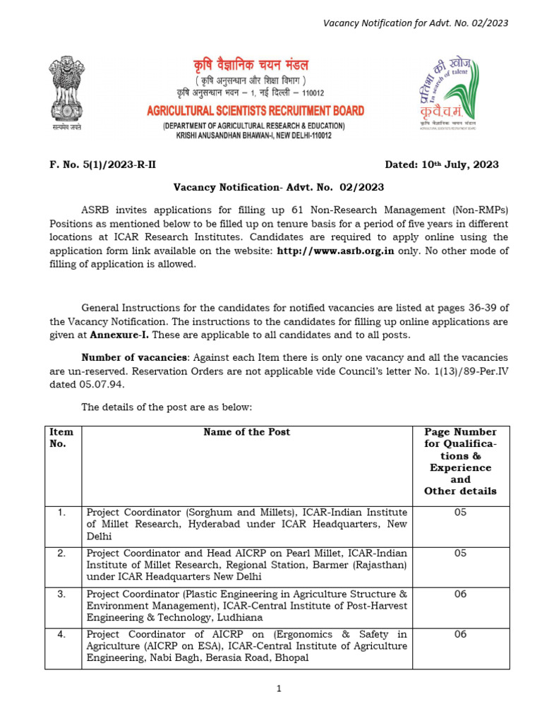 ASRB Vacancy Notification 2023 | PDF | Agriculture | Academic Degree