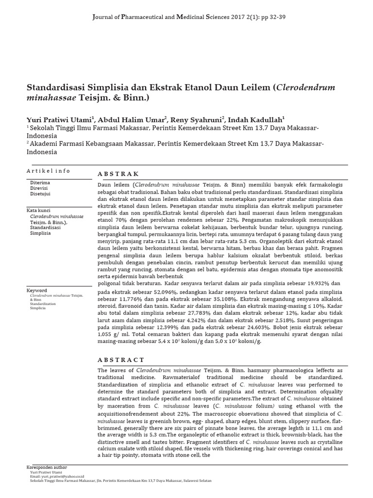 Simplisia Dan Ekstrak Etanol Daun Lailem | PDF