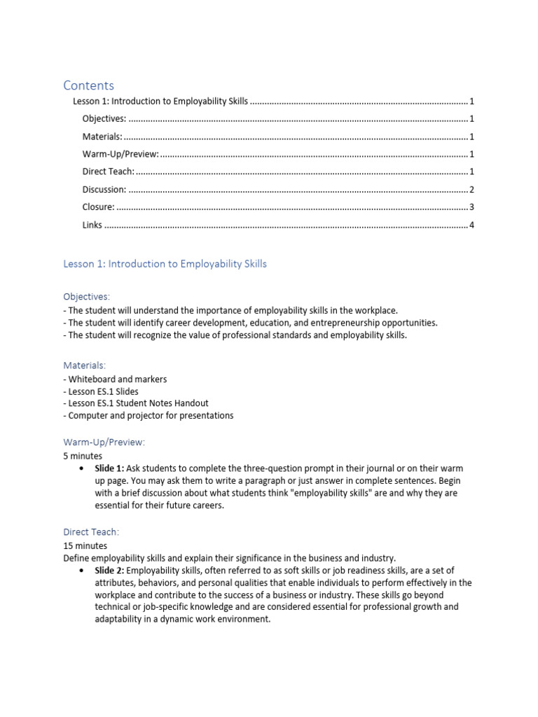 Lesson 1: Introduction To Employability Skills: Objectives | PDF ...