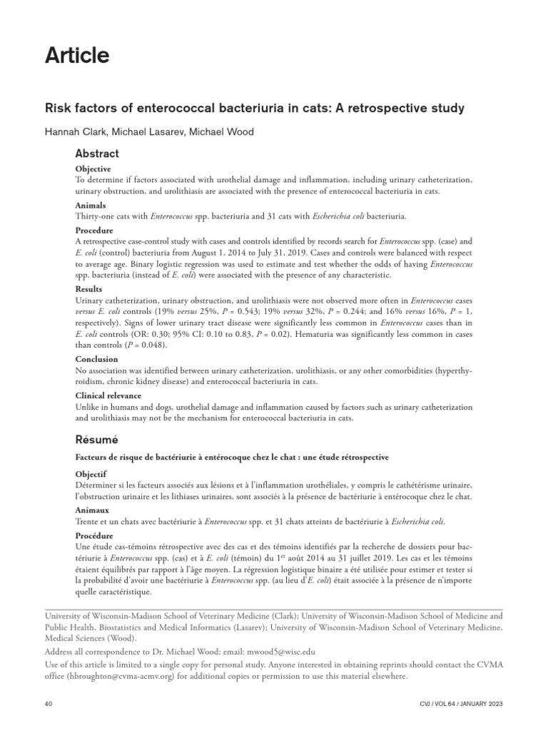 Risk Factors of Enterococcal Bacteriuria in Cats: A Retrospective Study ...