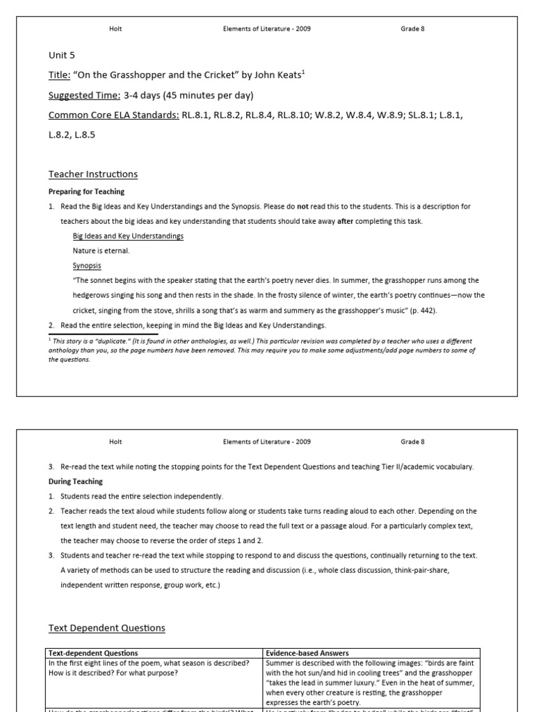 On The Grasshopper and The Cricket. Lesson - Anthology | Download Free ...