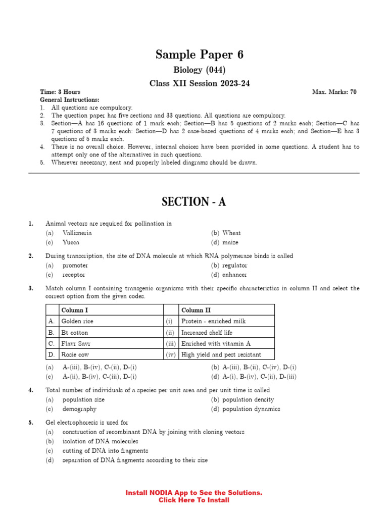 Sample Paper 6: Biology (044) Class XII Session 2023-24 | PDF ...