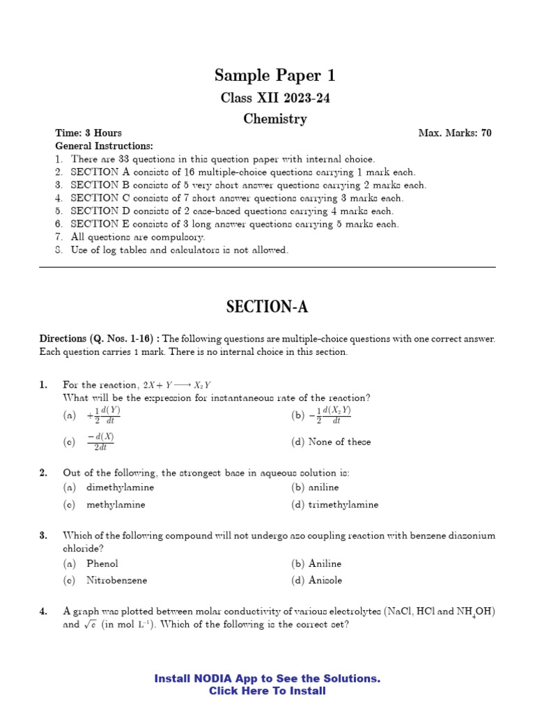 Sample Paper 1: Class XII 2023-24 Chemistry | PDF | Chemistry ...