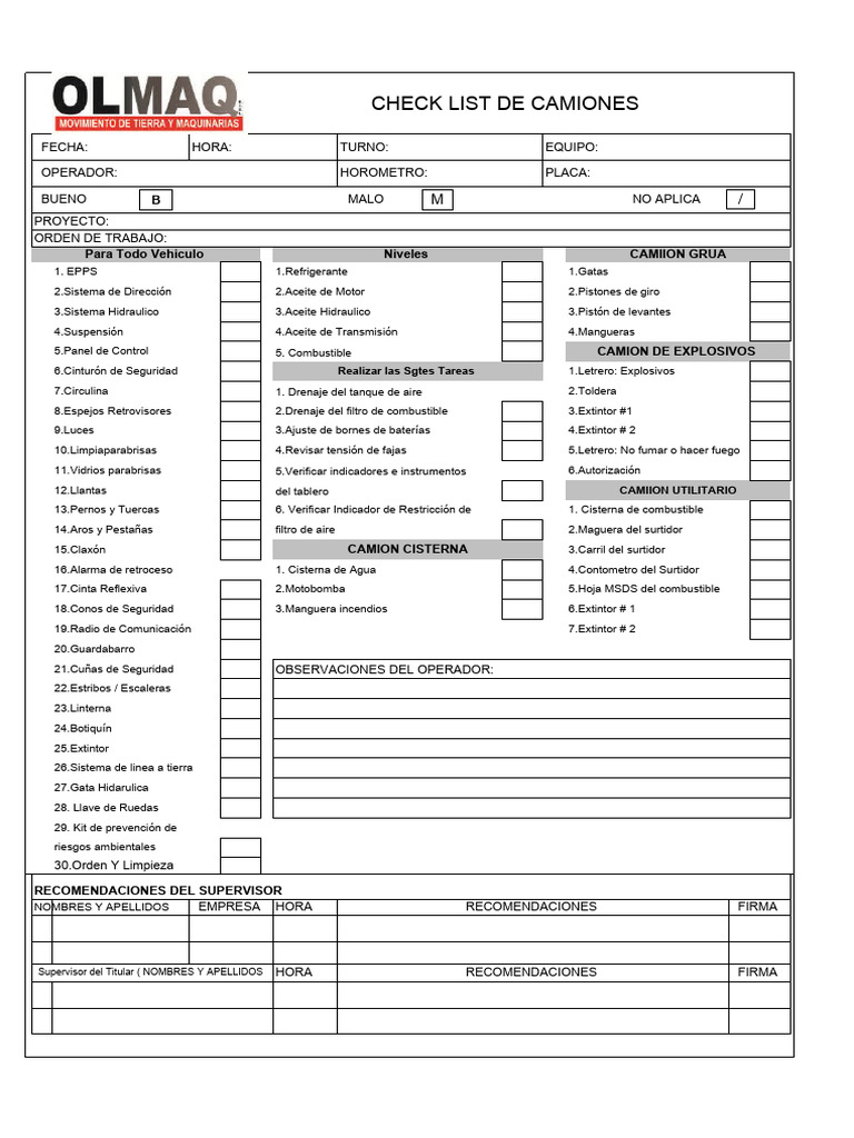 Check List de Camiones | Descargar gratis PDF | Camión | Transporte