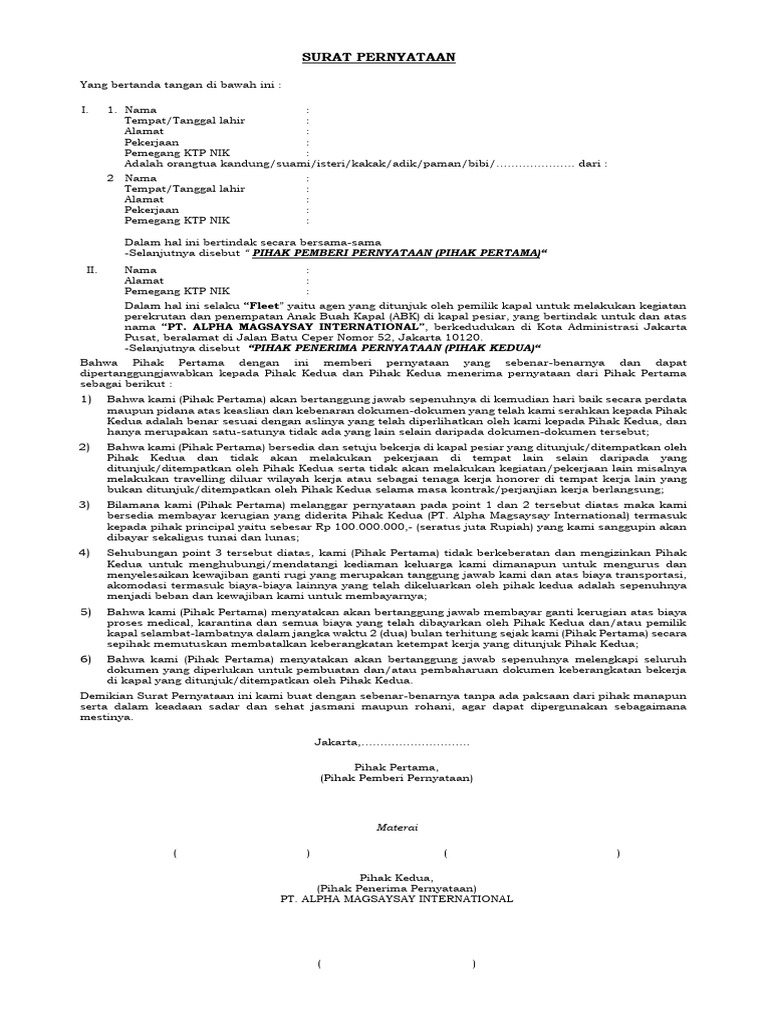 Surat Pernyataan Crew Kapal Final | PDF