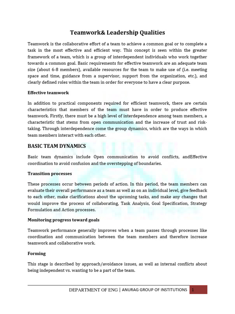 TOPIC 6 Teamwork & Leadership Qualities | PDF | Leadership ...