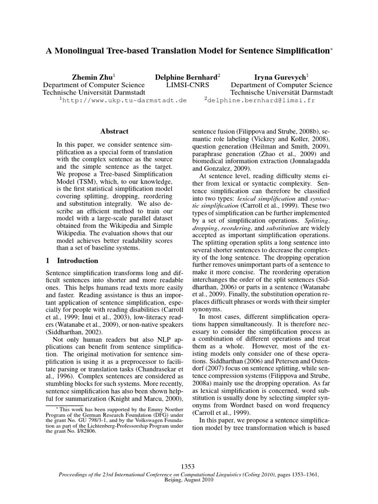 Zhu, Bernhard, Gurevych - A Monolingual Tree-Based Translation Model For Sentence Simplification ...