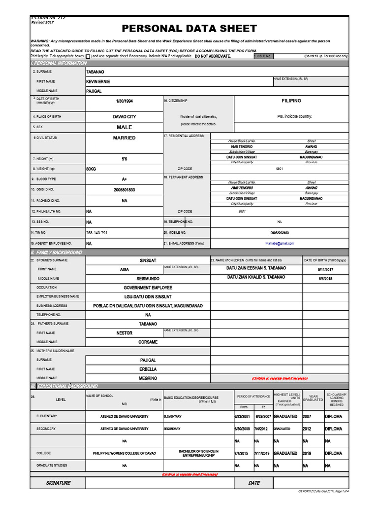 Cs Form Tabanao | Download Free PDF | Government