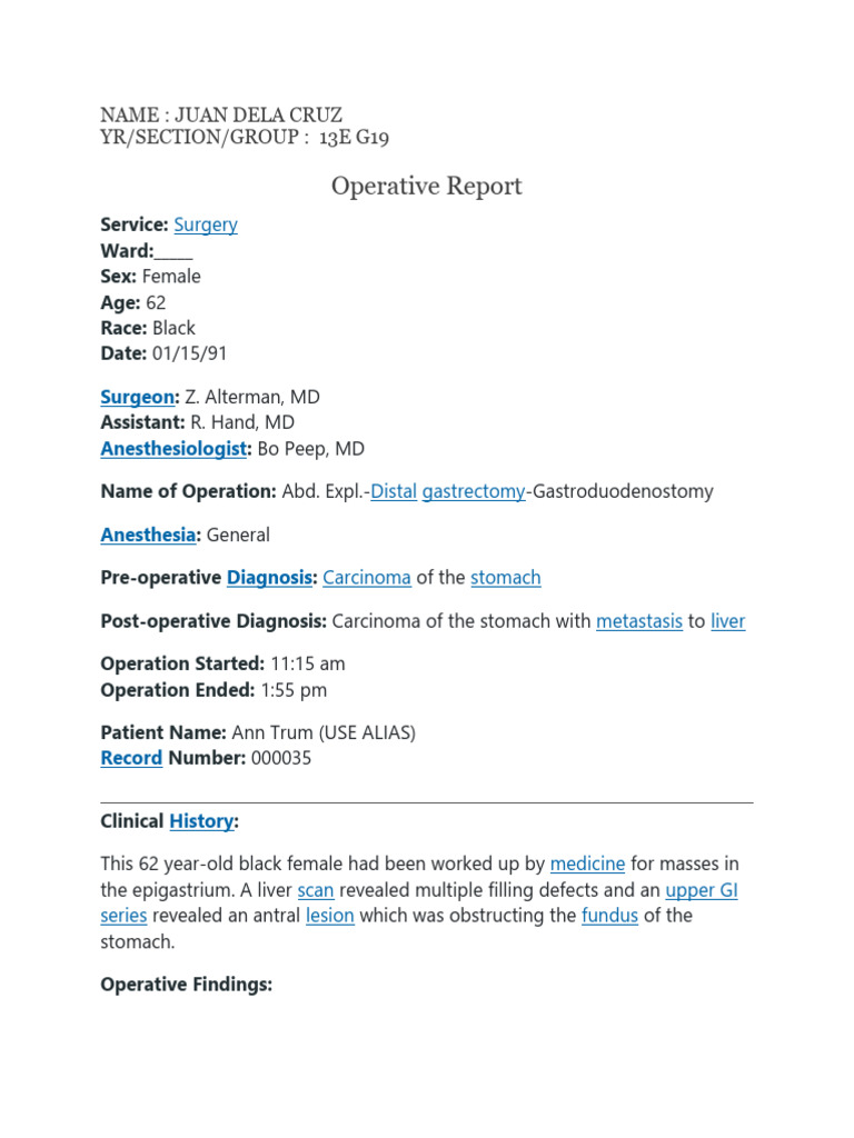 Operative Report | PDF | Stomach | Surgery